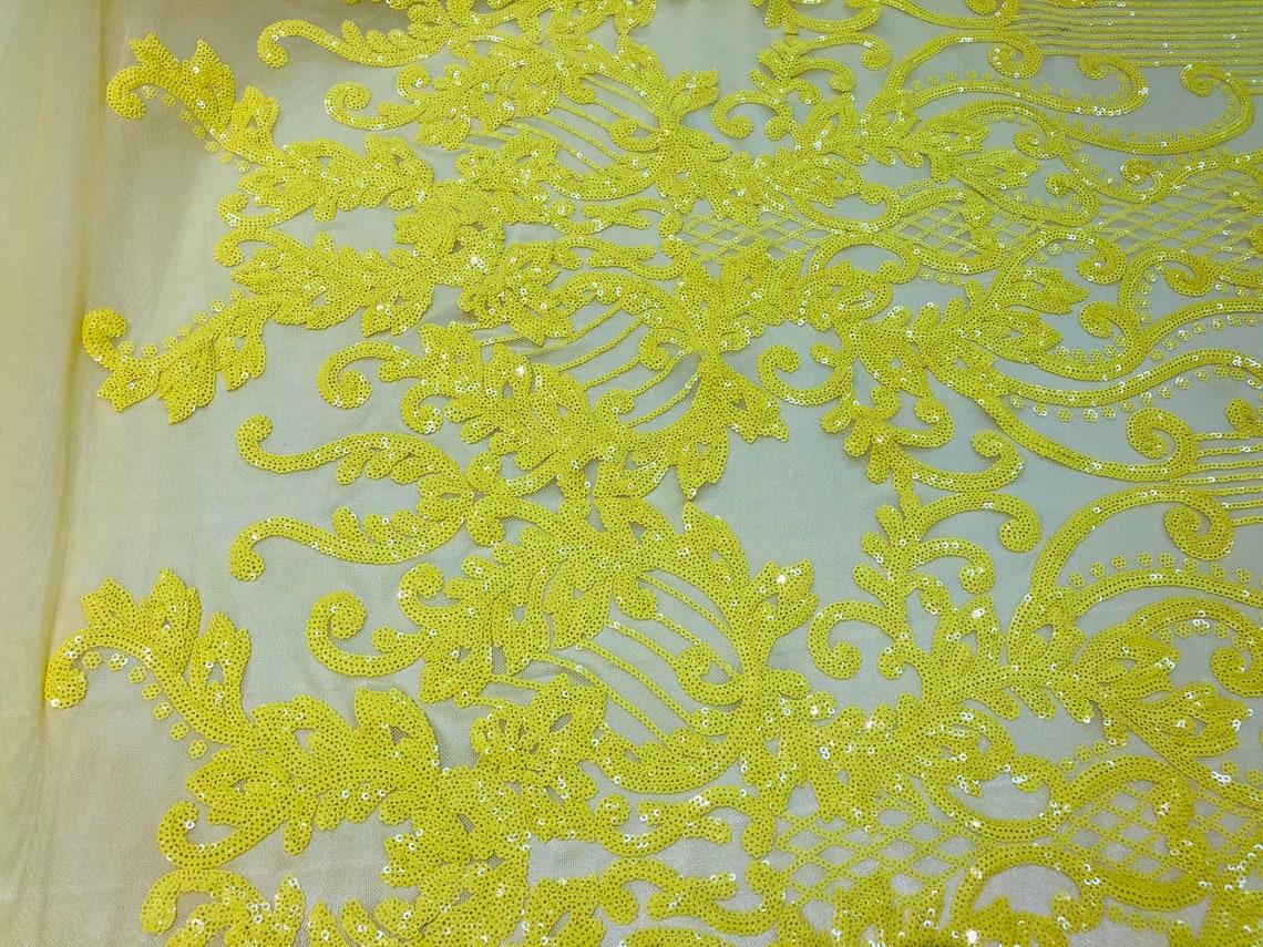 Yellow Sequin Lace Fabric – Embroidered Damask Design on Mesh - Etsy
