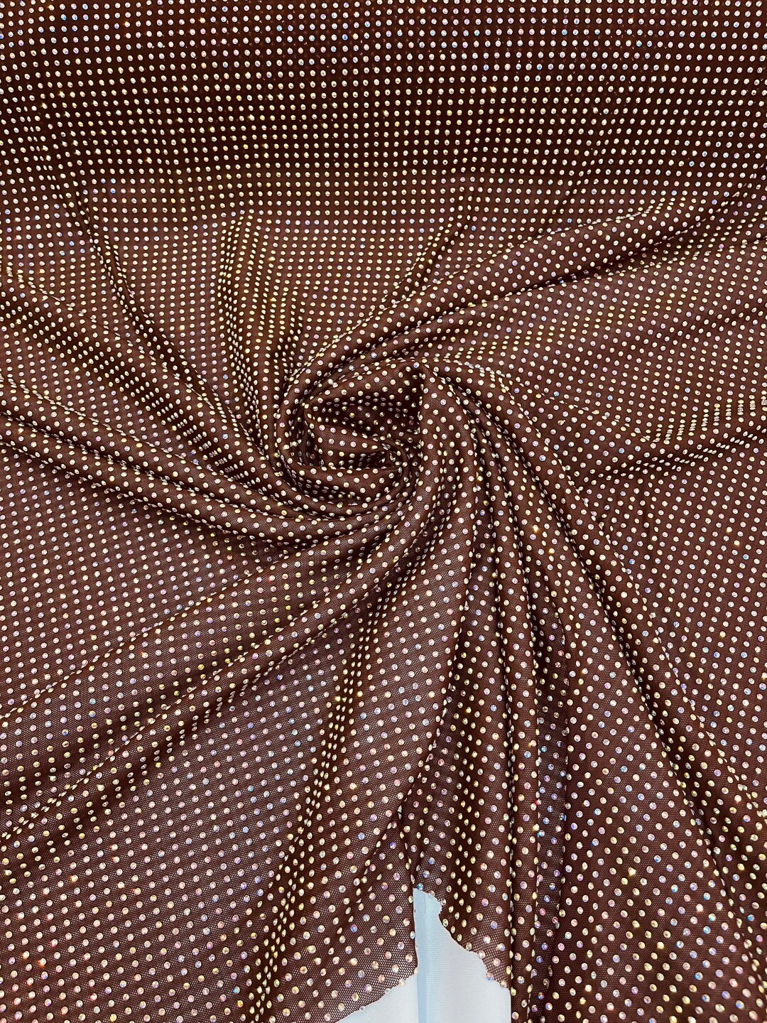 Iridescent Rhinestones Fabric on BROWN Power Mesh Nylon Spandex With ...