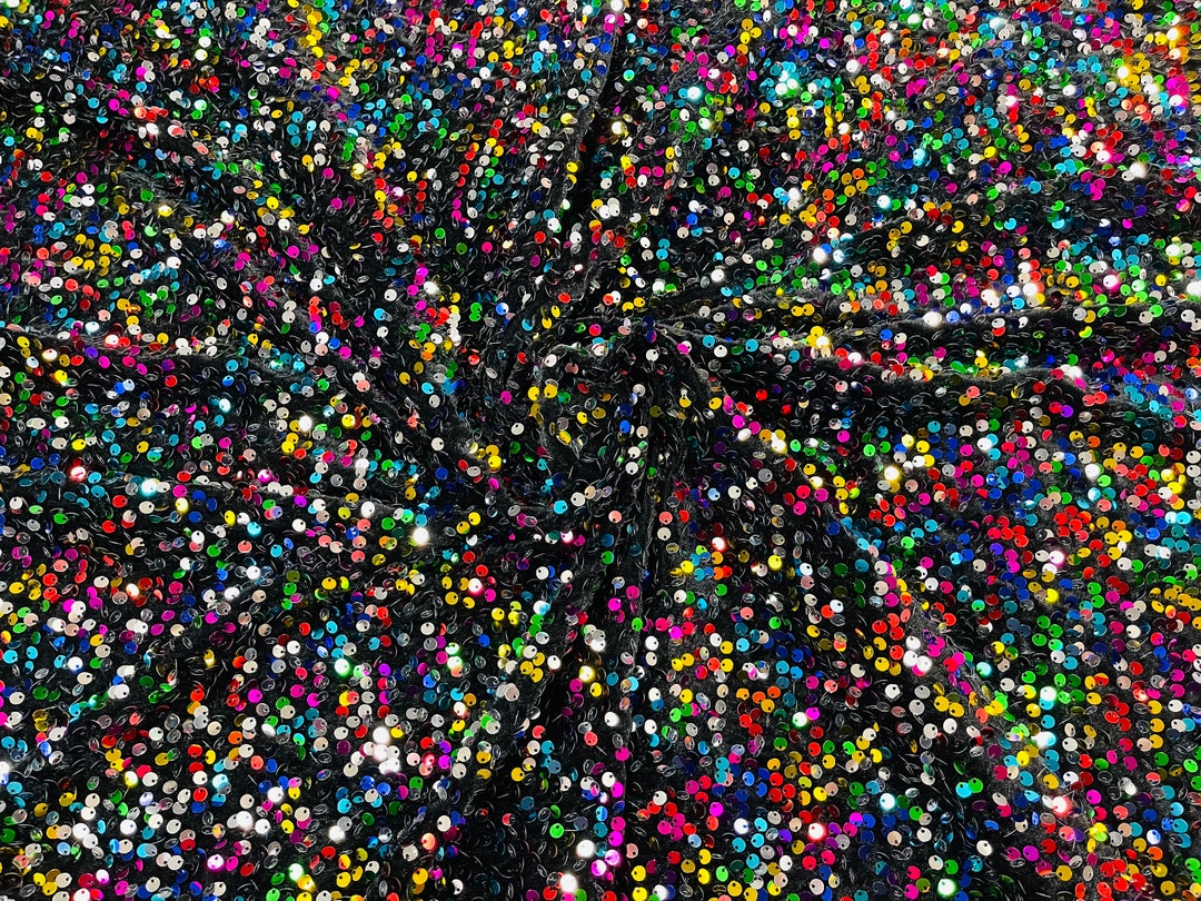 Rainbow Sequin on Black Stretch Velvet With Partial Luxury Sequins 5mm ...