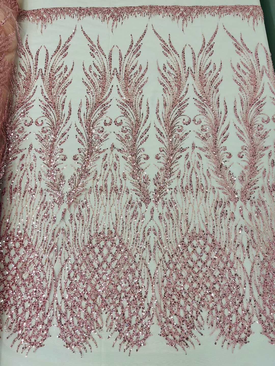 Pink Beaded Fabric by the Yard, Bridal Heavy Beaded, Damask Pattern ...