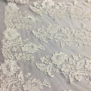 Ivory Flower Design Embroidered on Mesh Lace Fabric, Floral Bridal Lace ...