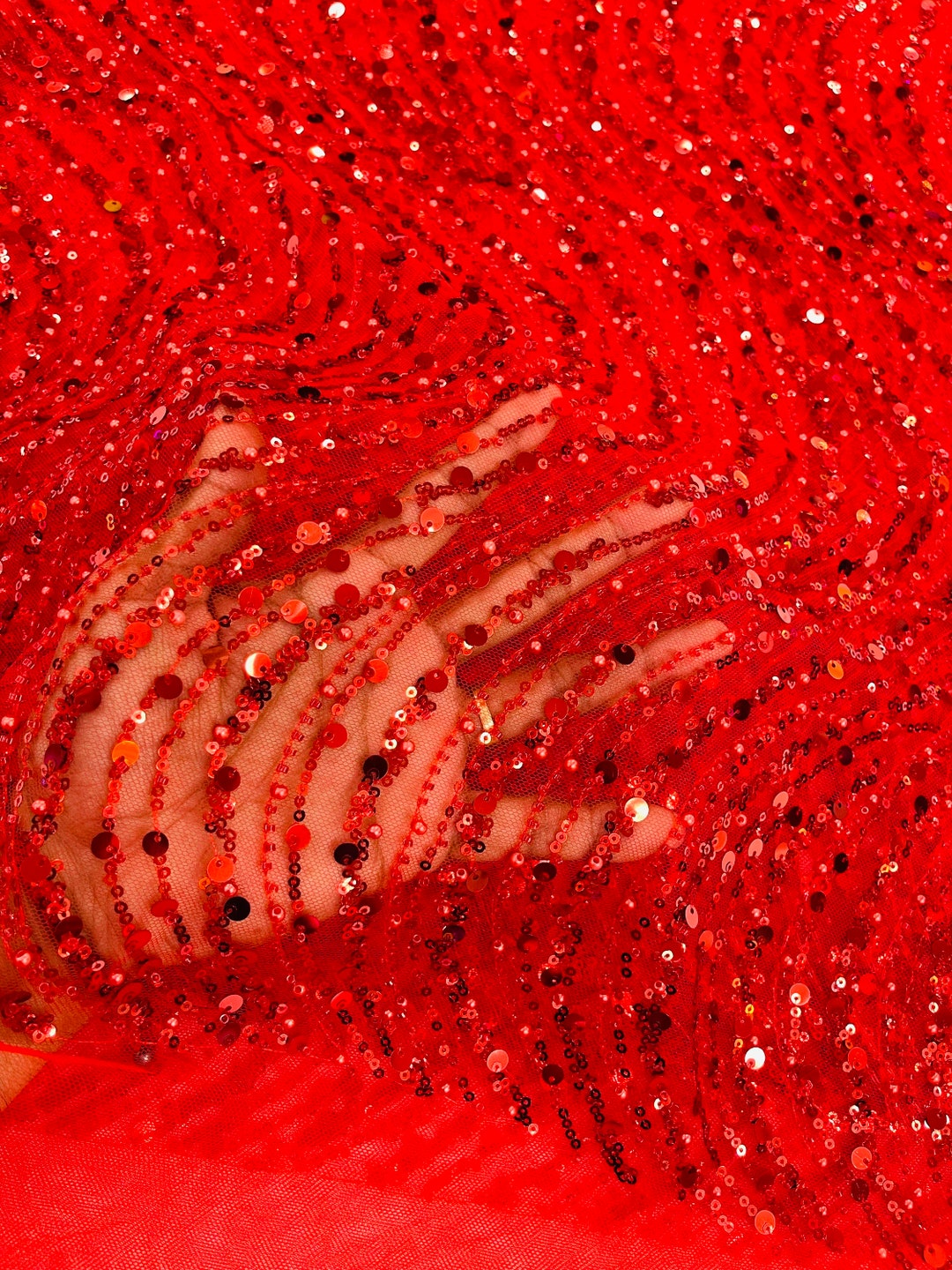 Red Wave Design Beads and Sequins, Pearl Beaded Fabric Embroidered on a ...