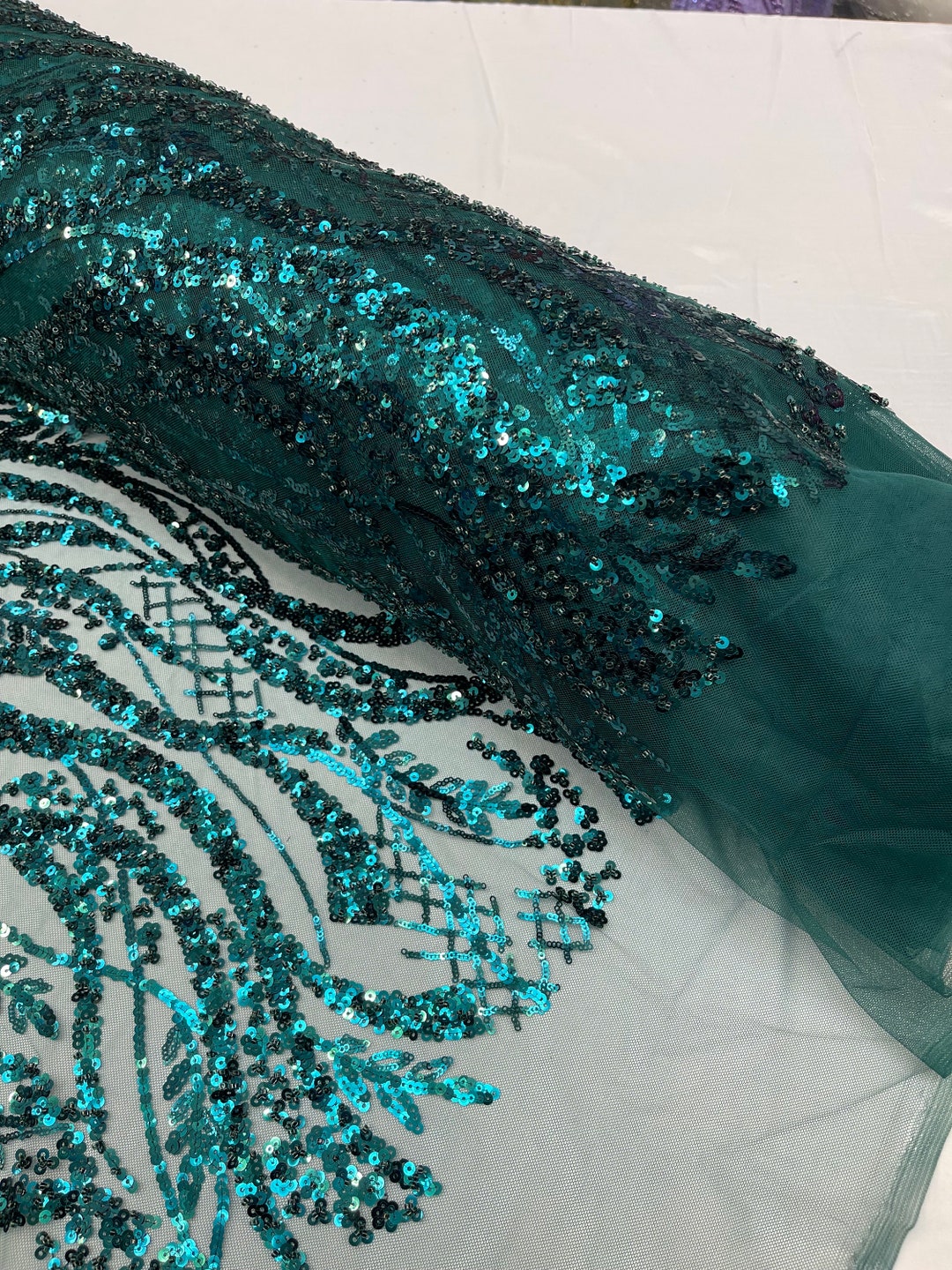 Hunter Green Fachsion Design Beads and Sequins, Beaded Fabric ...