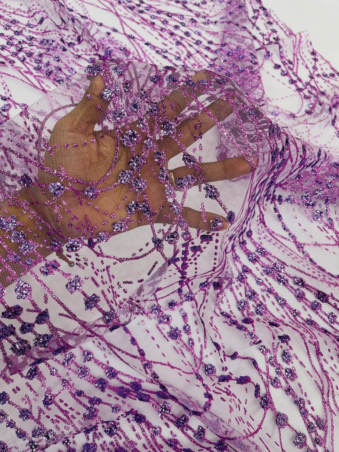 Lilac Glitter on Mesh Lace Fabric by the Yard for Wedding Decor ...