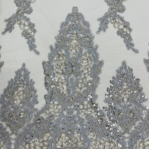 Silver Beaded Fabric by the Yard, Floral Embroider and Heavy Beaded on ...