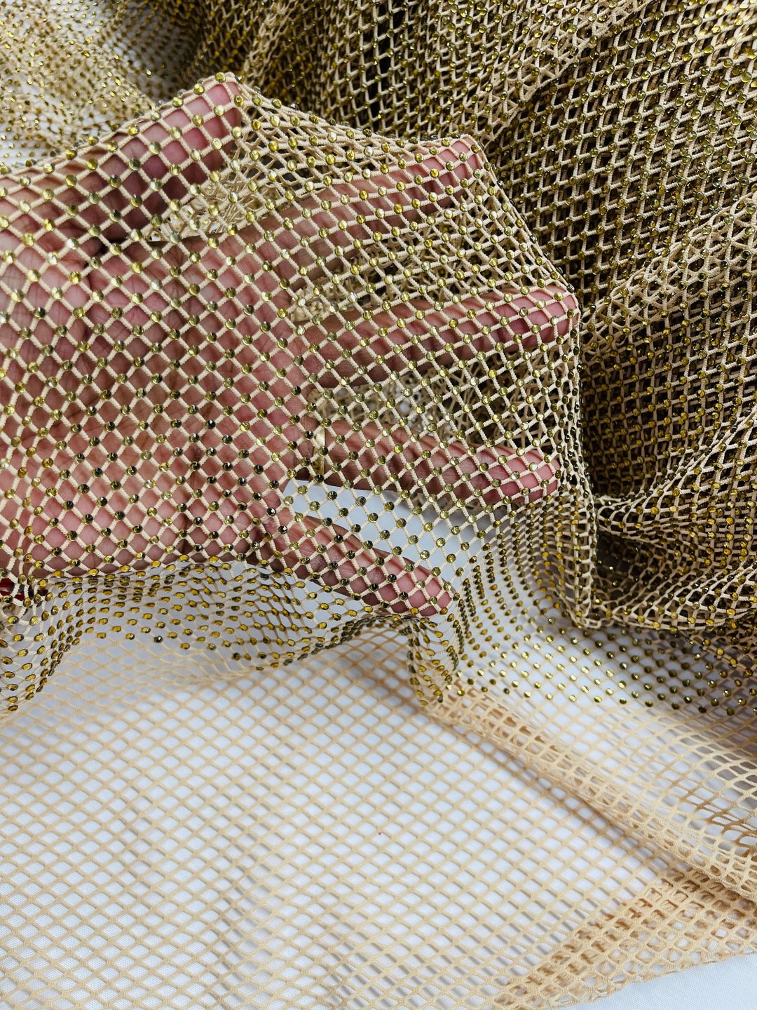 Gold Rhinestone Fabric on Stretch Net Fabric, Gold Spandex Fish Net ...