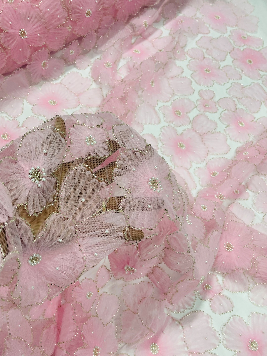 Pink 3D Floral Embroidery Fabric: Beaded Tulle Bridal Lace - Etsy