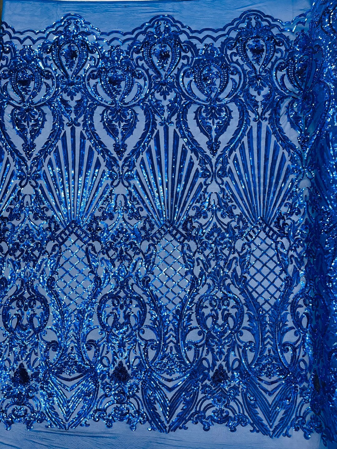 Royal Blue Sequin Fabric, Selena Damask Design on a 4 Way Stretch ...