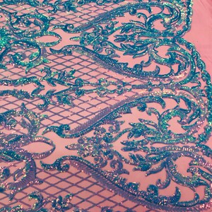 Iridescent Turquoise Sequin Fabrics on Mauve Mesh - 4 Way Stretch ...