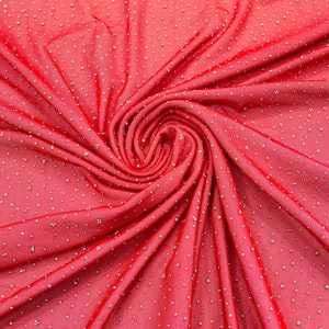 Red | AB Rhinestones Fabric on Red Power Mesh Polyester Spandex Fabric ...