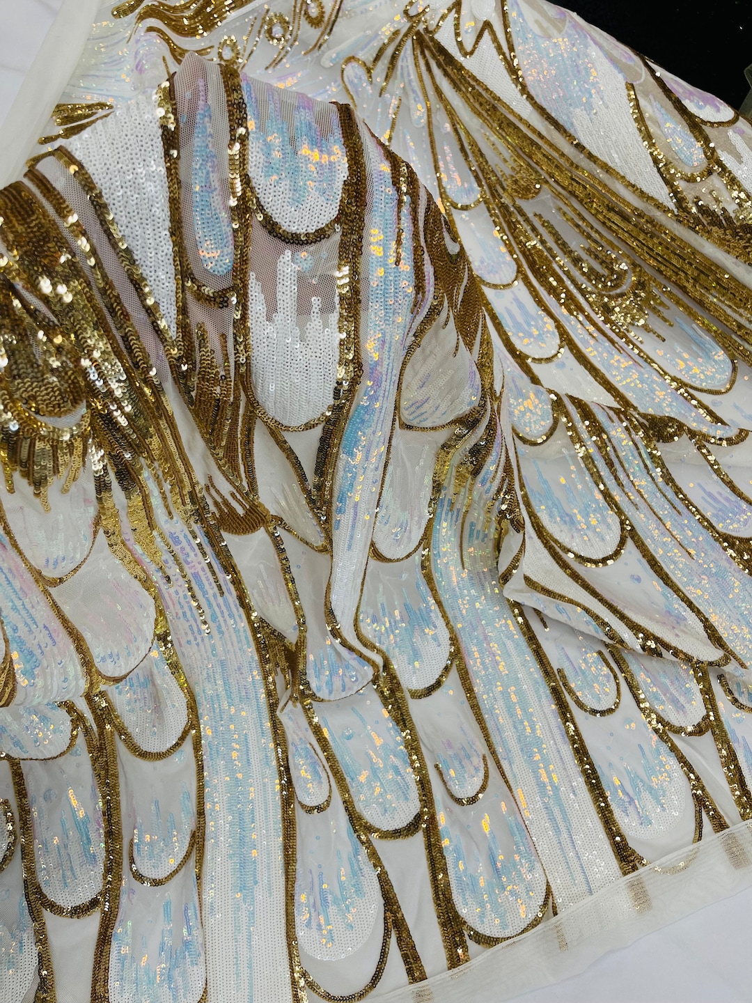 Aqua Iridescent/gold/white Sequins Fabric - Olivia Design 4 Way Stretch ...