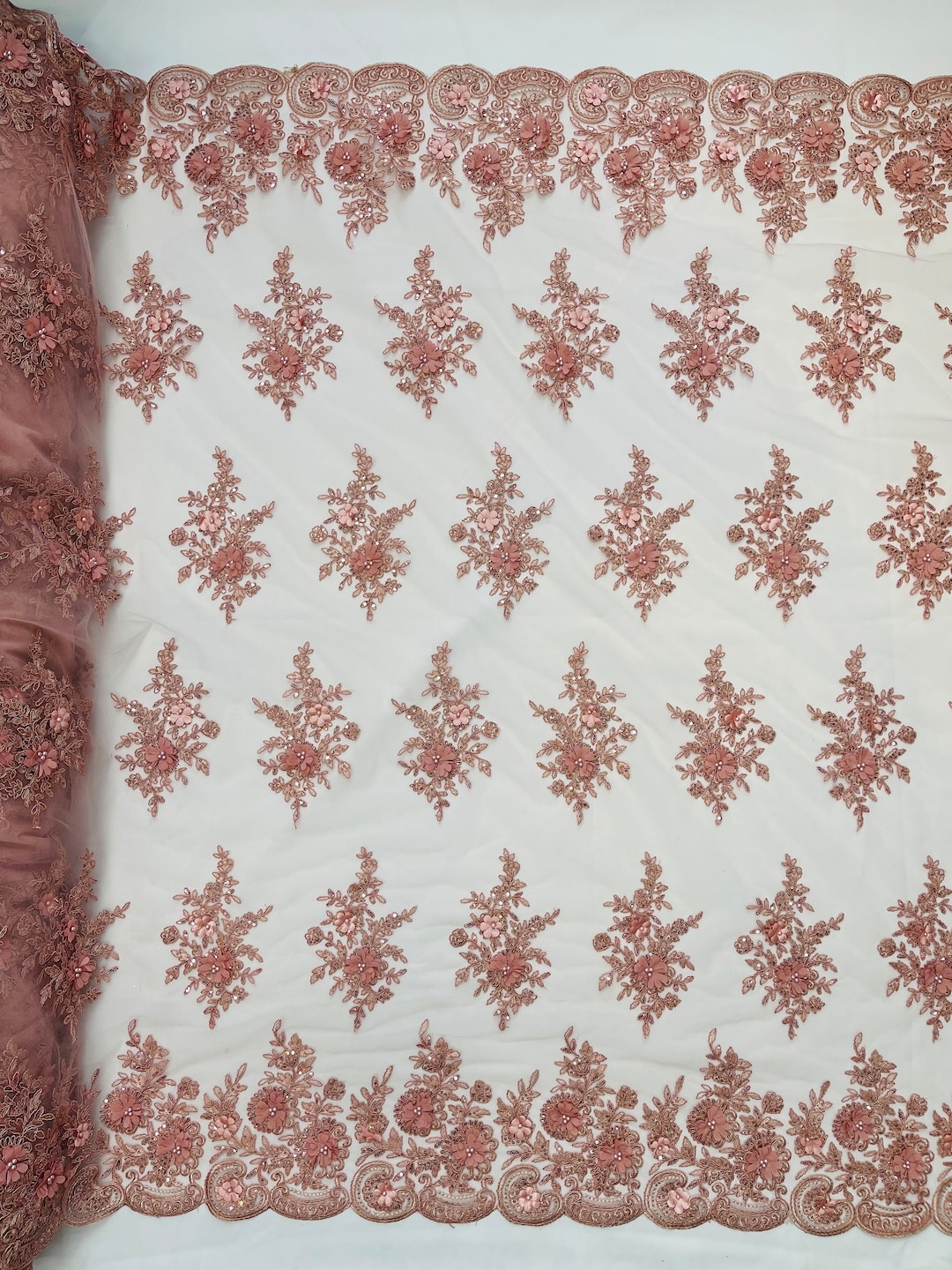 Dusty Rose 3D Floral Lace Fabric: Embroidered Sequins & Pearls - Etsy