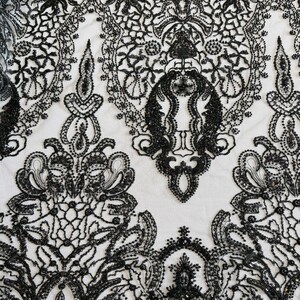 Black Beaded Fabric by the Yard, Bridal Wedding Beaded, Damask Pattern ...