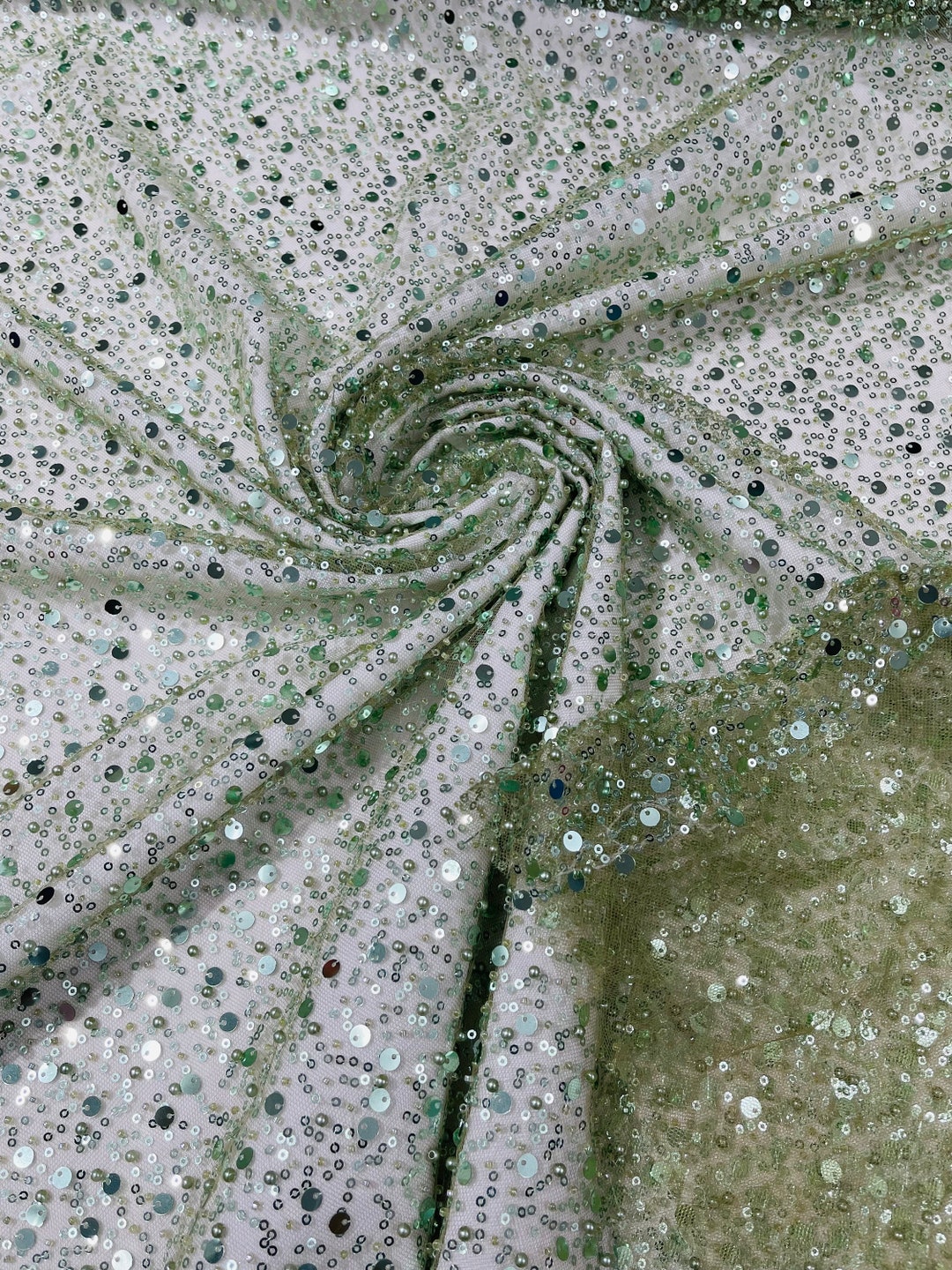 Sage Embroidery Beaded Fabric by the Yard With Sequin Fabric, Sequin on ...