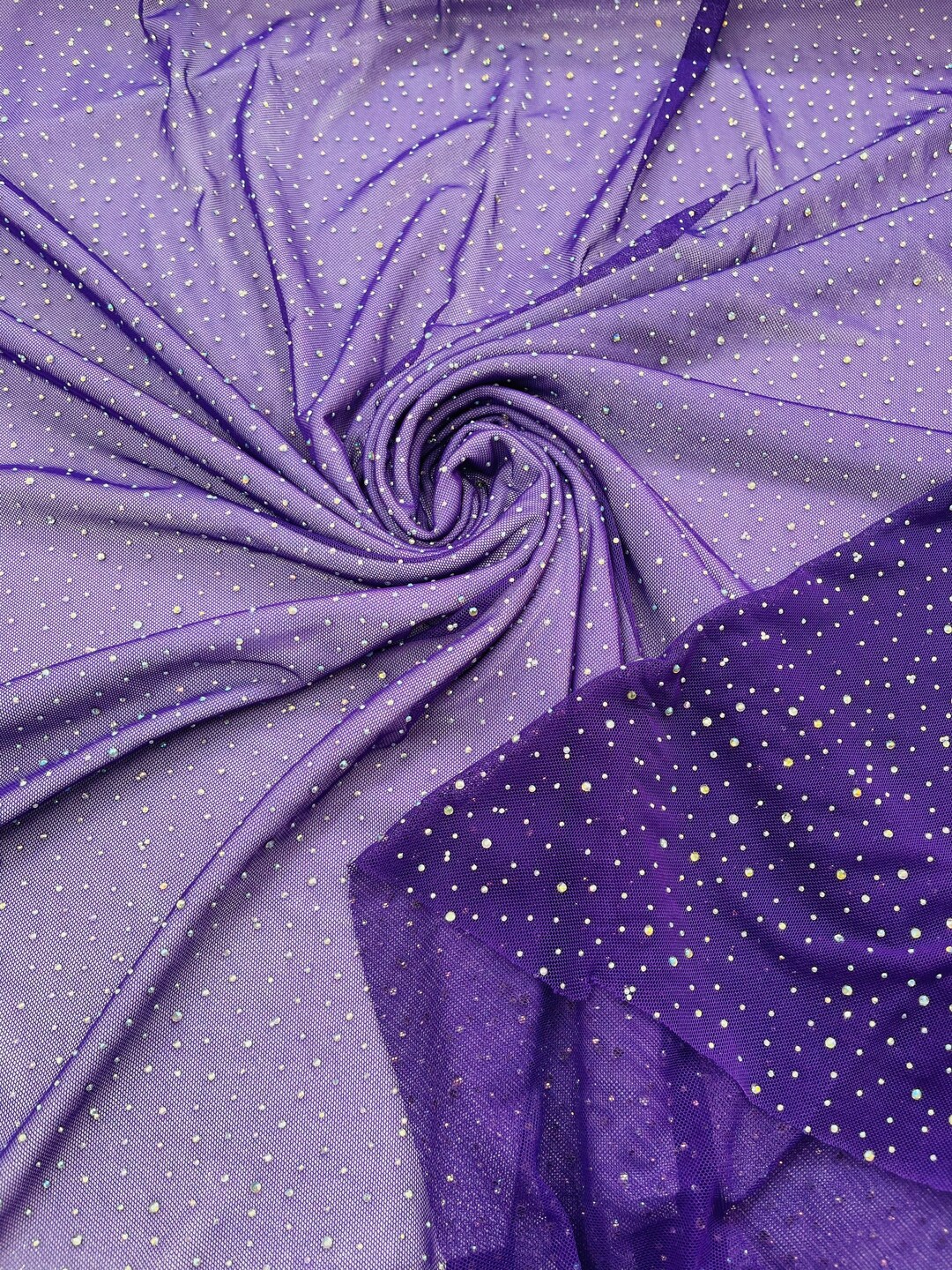 Purple | AB Rhinestones Fabric on Purple Power Mesh Polyester Spandex ...