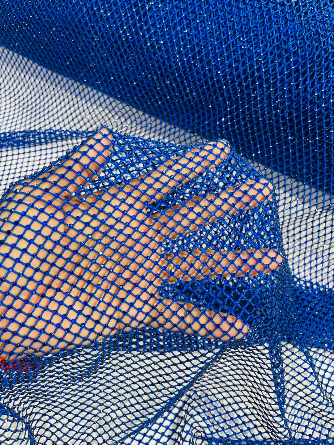 Royal Blue Rhinestone Fabric on Royal Stretch Net Fabric, Spandex Fish ...