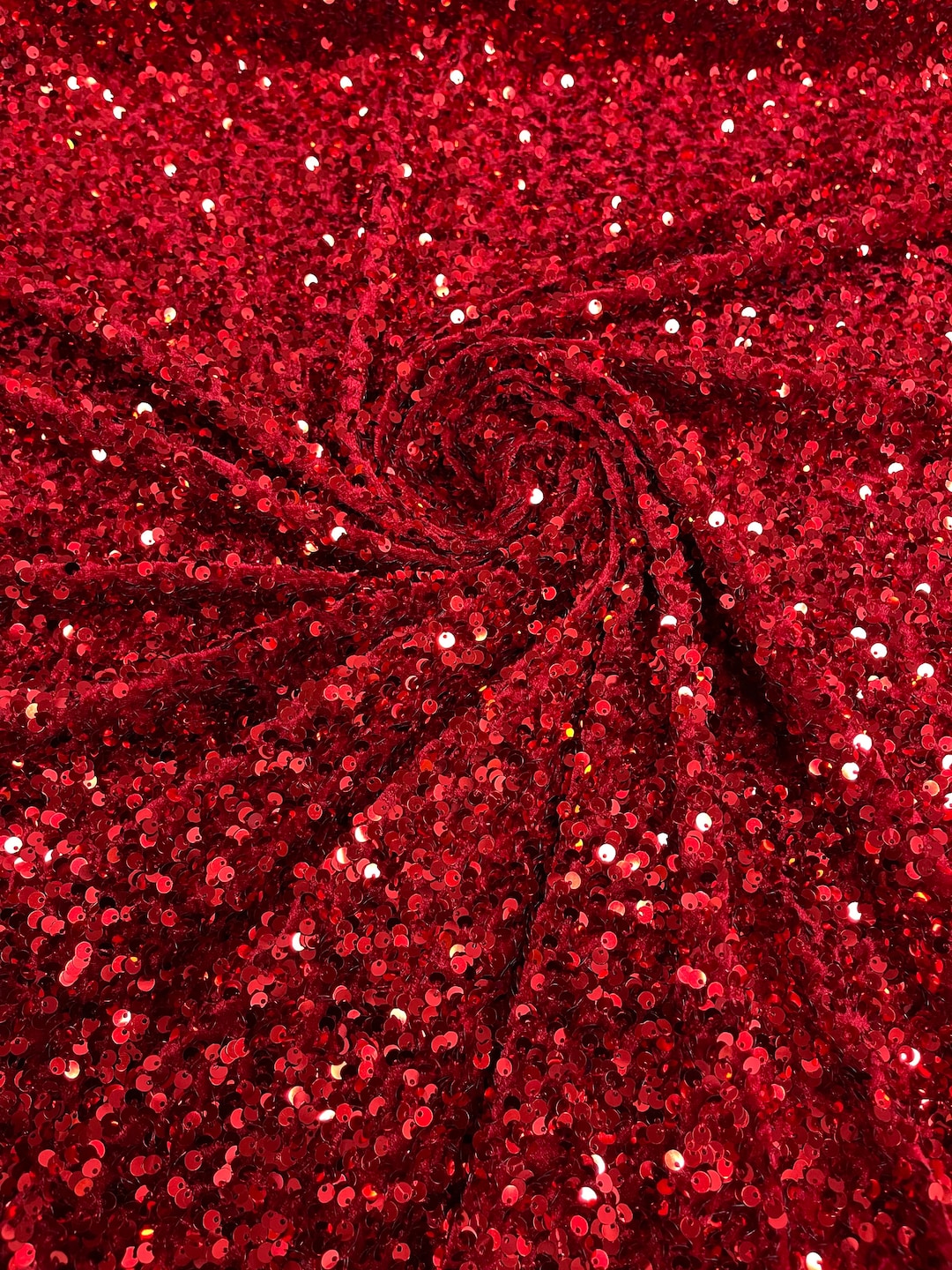 Red Sequin Fabric on Cranberry Stretch Velvet - by the Yard - All Over ...