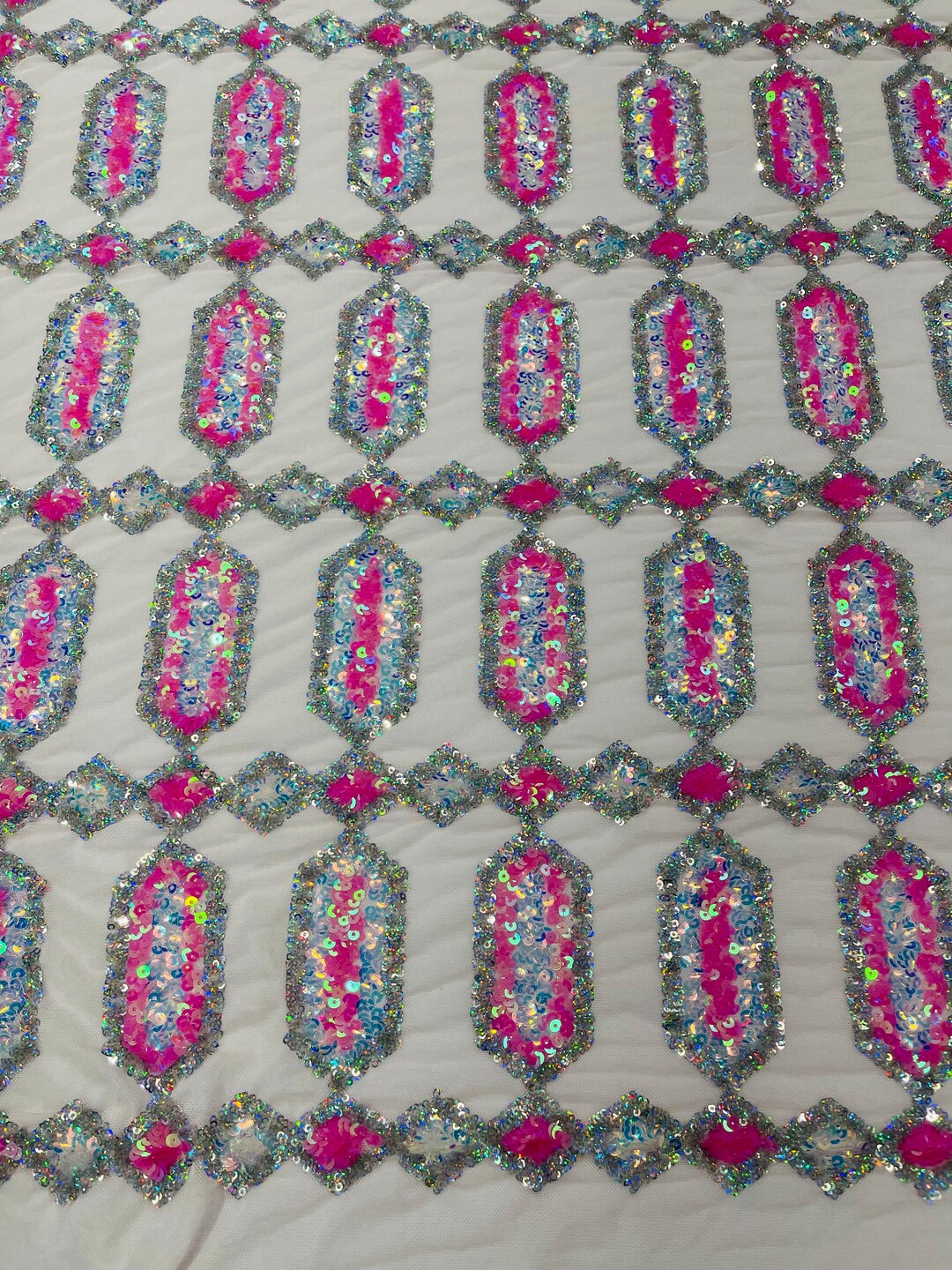 Hot Pink Iridescent Sequin Fabric by the Yard on Pink Mesh, Multi Color ...