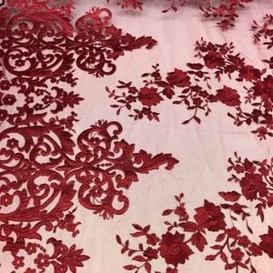 Burgundy Damask Design Embroidered on Mesh Lace Fabric, Floral Bridal ...