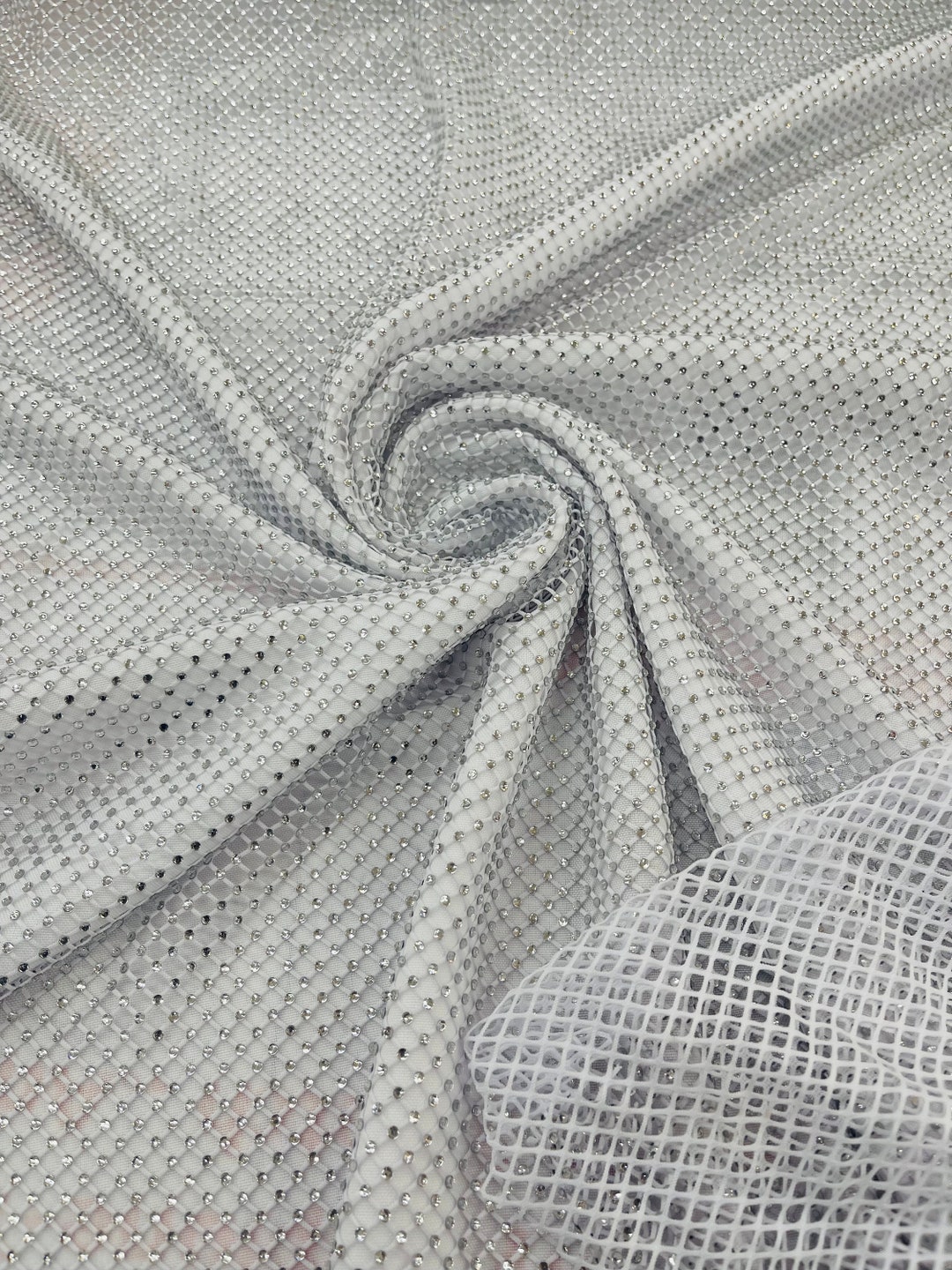 Clear Rhinestones Fabric on White Stretch Net Fabric, Spandex Fish Net ...