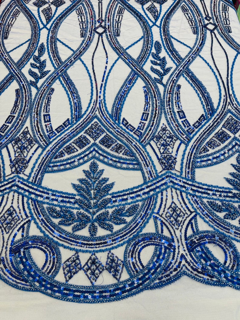 Royal Blue Fashion Design Bead Damask Fabric Embroidered - Etsy