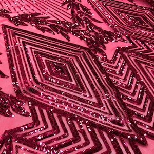 Fuchsia Sequins Fabric - 4 Way Stretch Geometric Diamond Design on Mesh ...