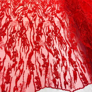 Beaded Fabric - Red - Embroidered Flower Line Mesh Lace Fabric With ...