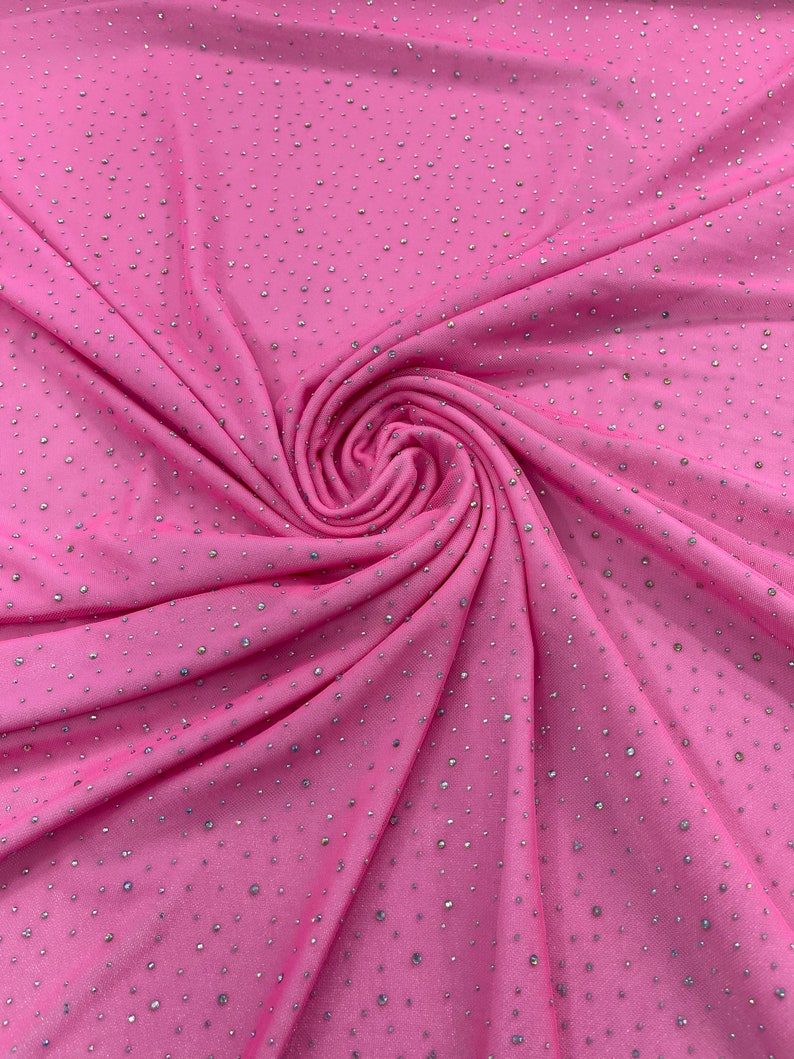 Neon Pink | AB Rhinestones Fabric on Pink Power Mesh Polyester Spandex ...