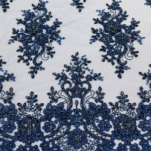 Isabela Desing Navy Blue Embroidery Beaded Fabric With Sequin on a Mesh ...