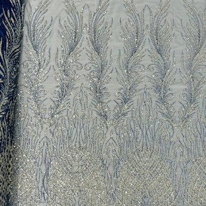 Royal Blue Beaded Fabric by the Yard, Bridal Heavy Beaded, Damask ...