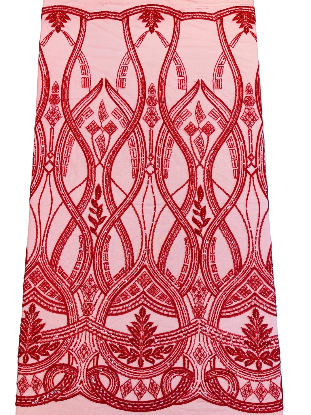 Red Fashion Design Bead Damask Fabric, Embroidered Elegant Design With ...