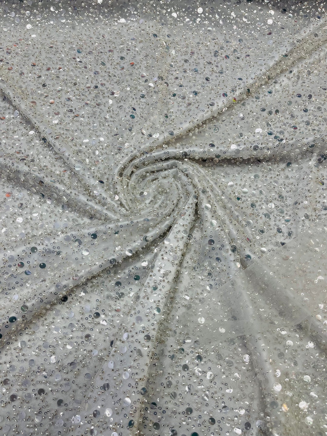 Off White Sequin Pearl Beaded Lace Fabric, by the Yard Wedding Mesh ...