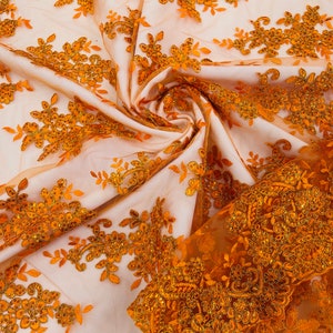 Metallic Orange Corded Embroider With Sequins on a Mesh Lace Fabric ...