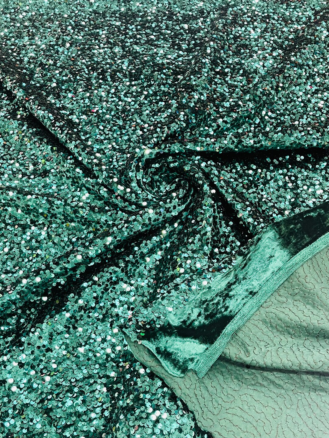 Teal Sequin Fabric on Hunter Green Stretch Velvet - by the Yard - All ...