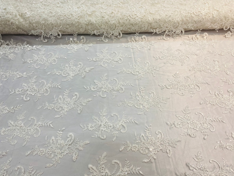 Ivory Lace Fabric Corded Flower Embroidery With Sequins on a | Etsy