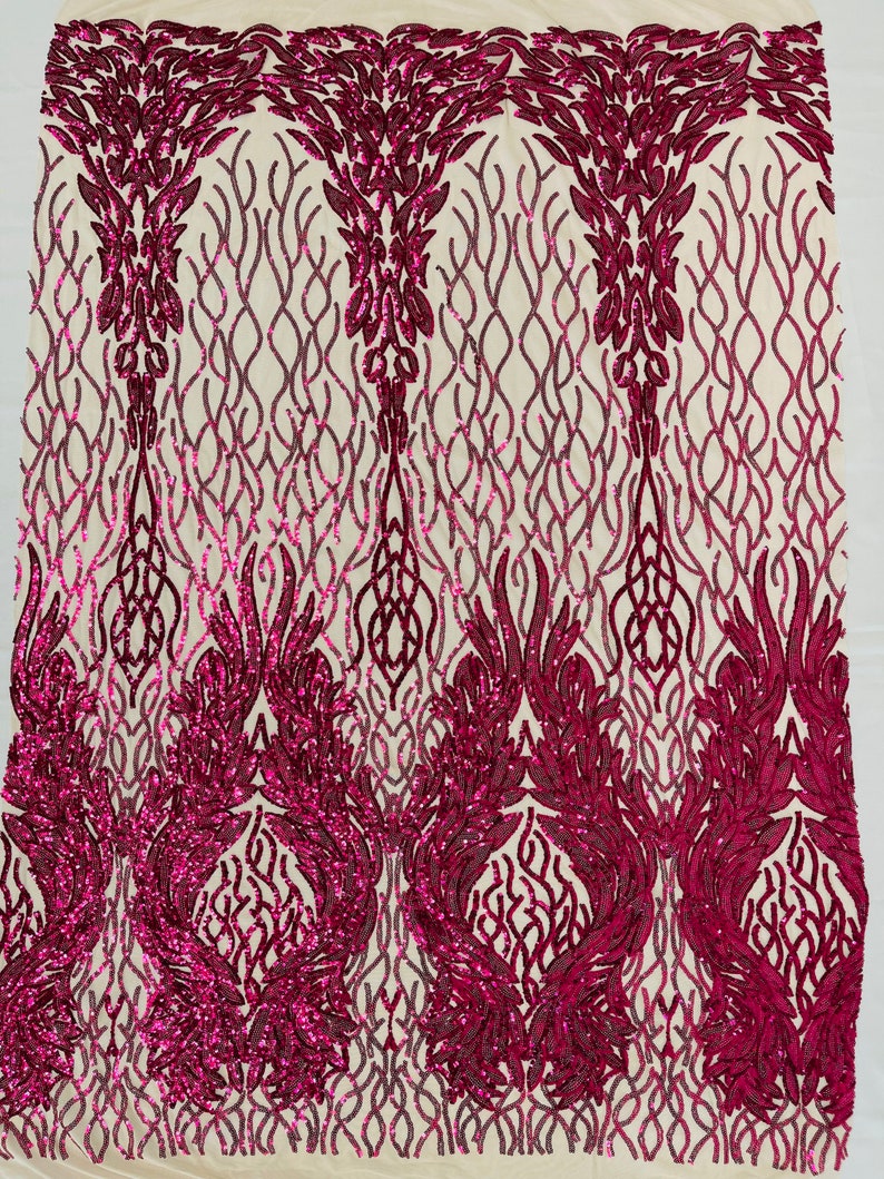 Magenta Sequin Fabric on Nude Mesh - Damask Design 4 Way Stretch ...