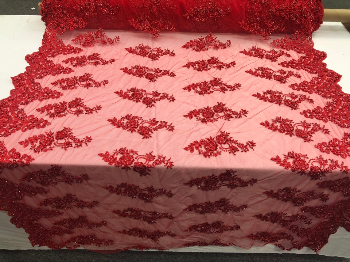 Red Floral Cluster Beaded Fabric Embroidered Flower Beaded | Etsy