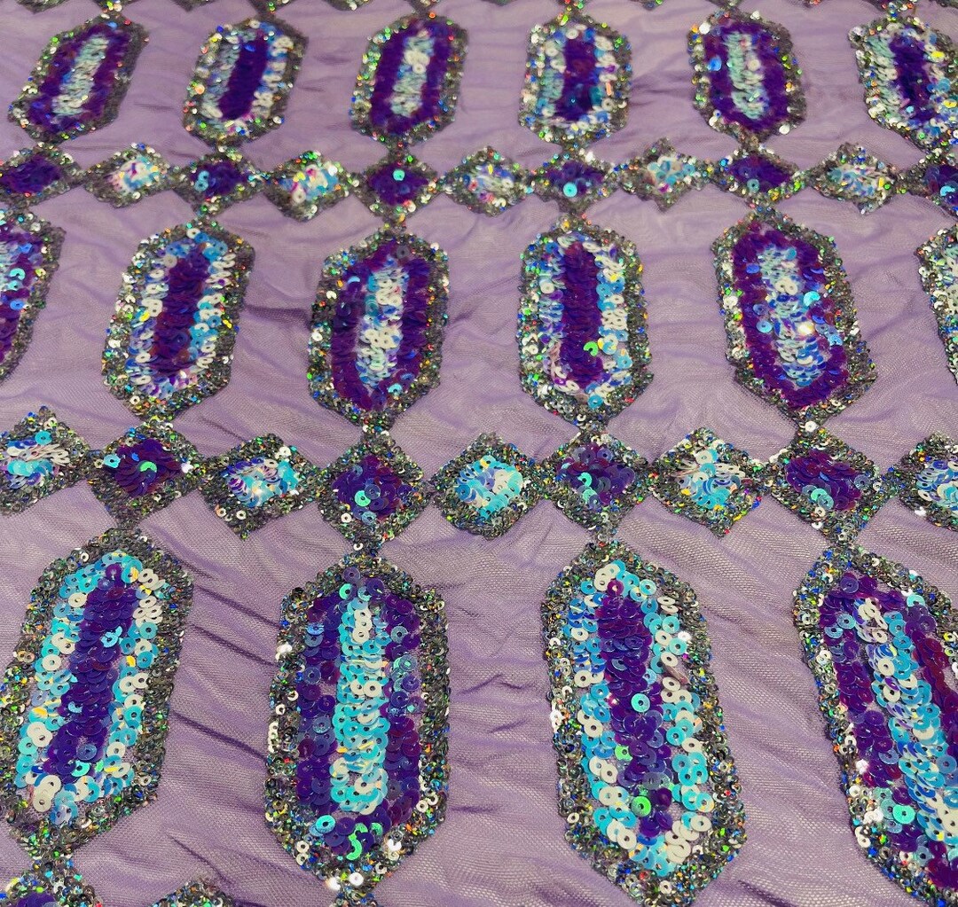 Lavender Iridescent Sequin Fabric on Mesh, Jewel Design Embroidered on ...