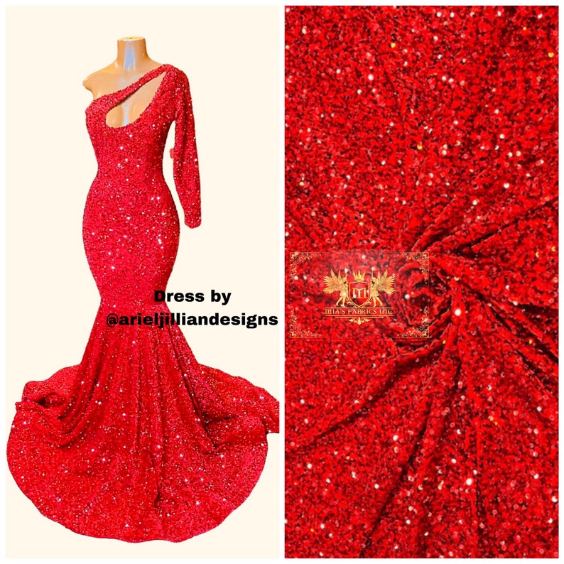 Red Sequin Stretch Velvet Fabric: 5mm Shining Sequins, 2-way Stretch ...