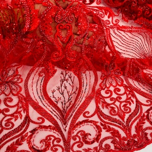 Red Beaded Fabric by the Yard, Bridal Heavy Beaded on a Mesh, Damask ...