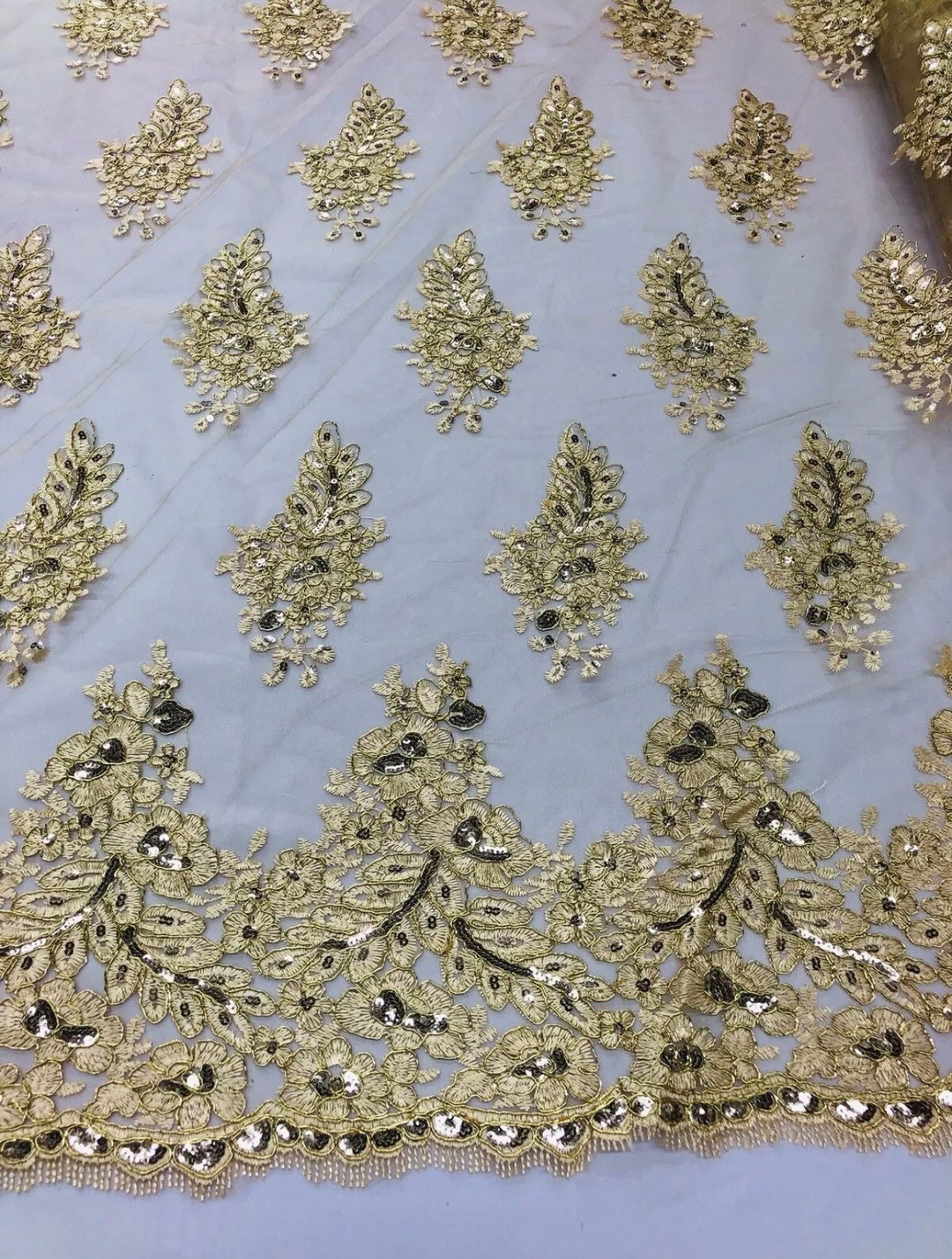 Gold Lace Fabric - Flower/floral Clusters Embroidered With Sequins on a ...