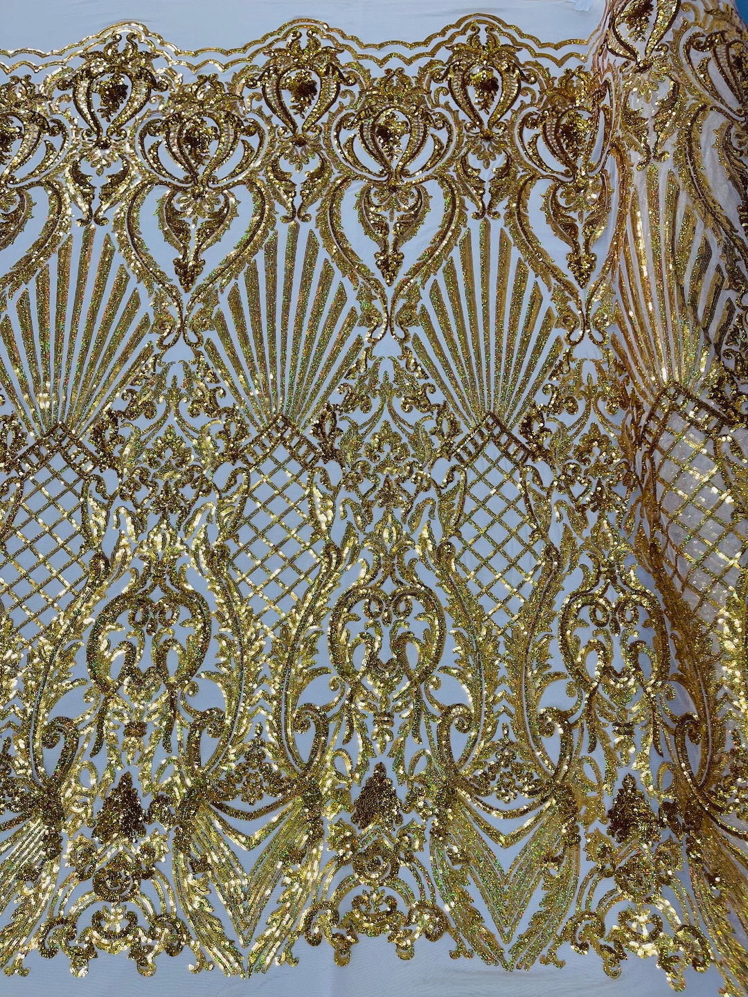Gold Holographic Sequin Fabric, Selena Damask Design on a 4 Way Stretch ...