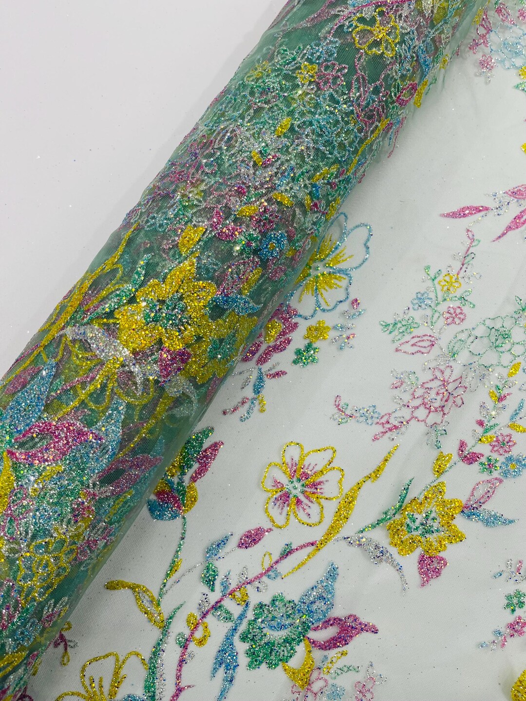 Mint Mesh Glitter Lace Fabric, Multi Color Floral Design, for Wedding ...