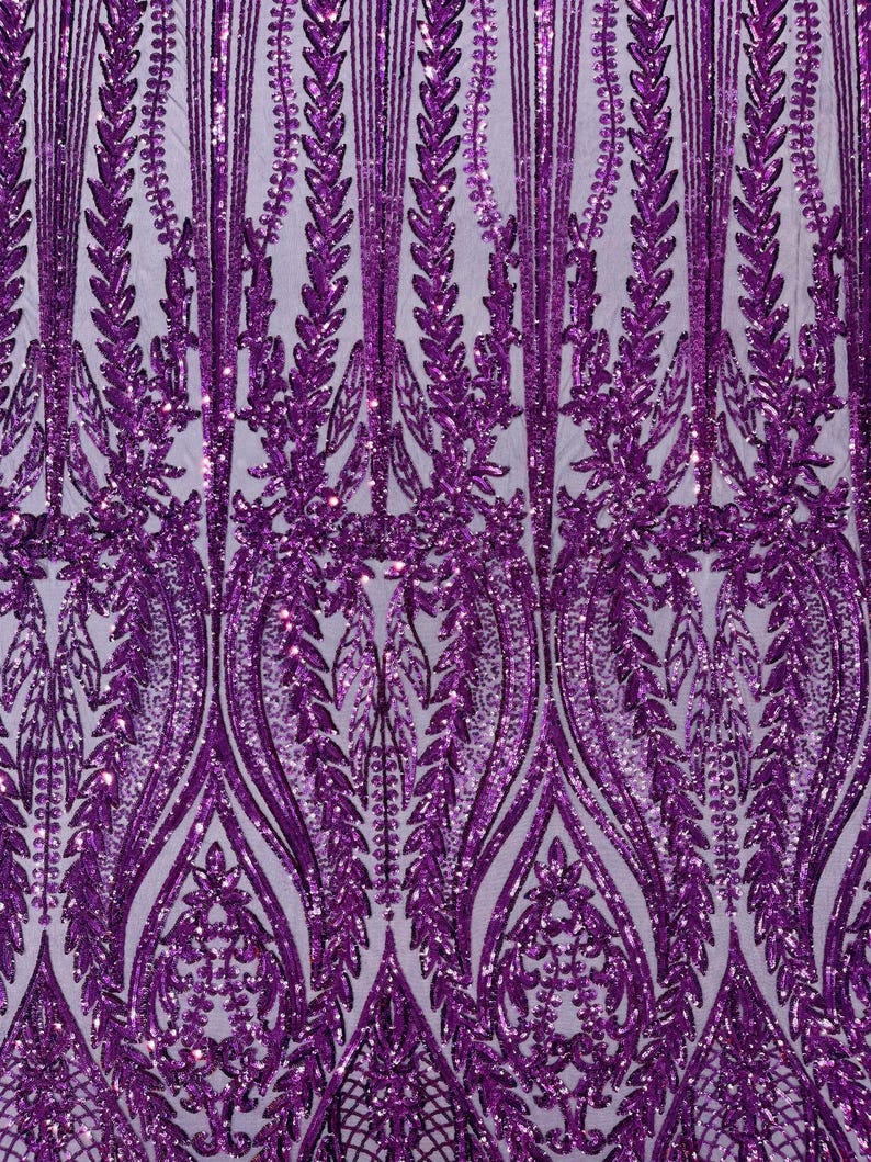 Purple Sequin Fabric 4 Way Stretch Damask Design Sequins on Spandex ...