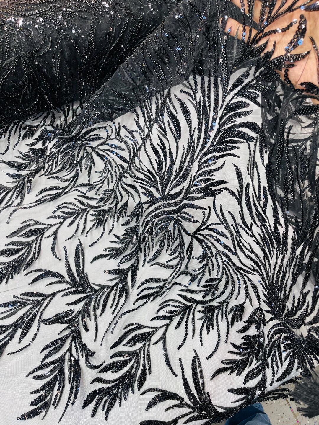 Black Beaded Fabric by the Yard, Bridal Beaded, Damask Pattern With ...