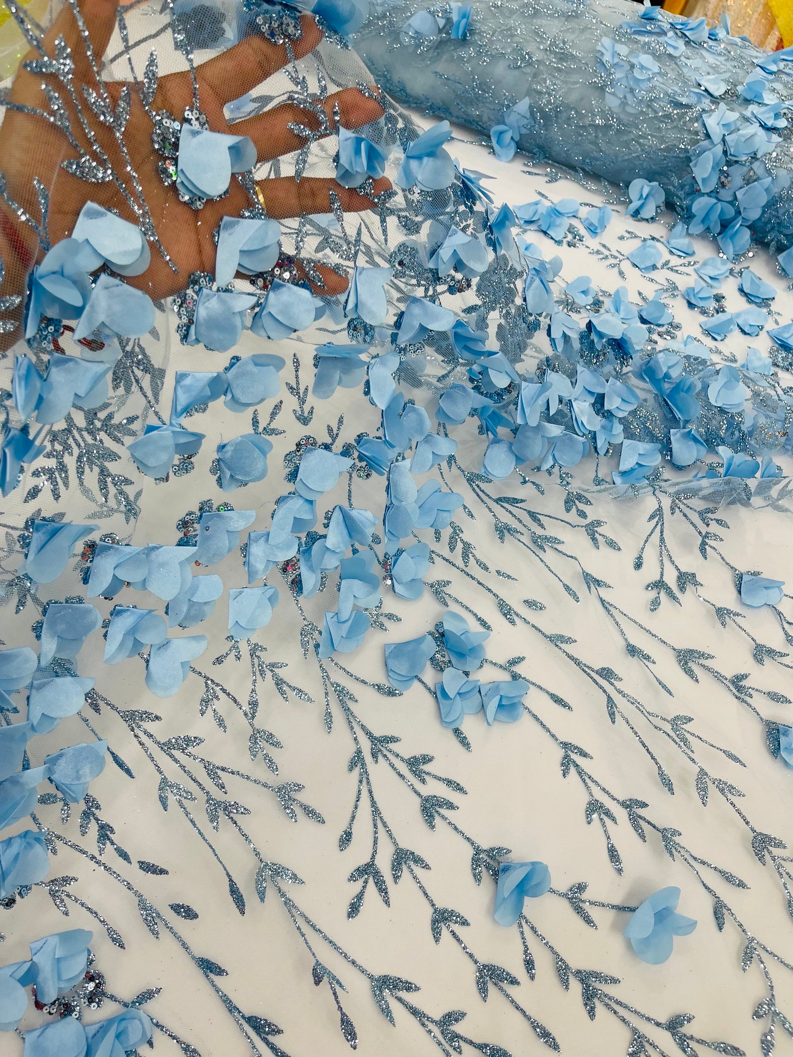 Baby Blue 3D Flower Sequin Fabric, Glitter Floral Mesh, Wedding Dress ...
