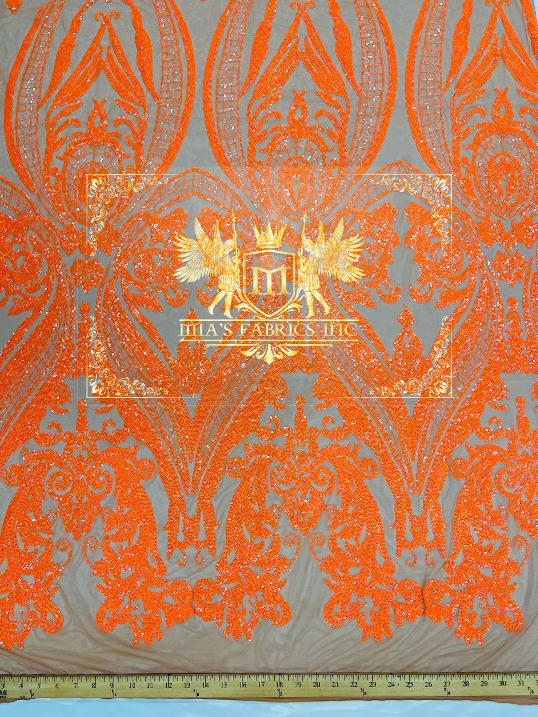 Neon Orange on Skin Mesh Embroidered - 4 Way Stretch Fancy Big Damask ...
