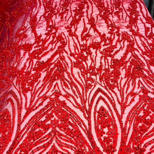 Red Beaded Lace Fabric - Etsy