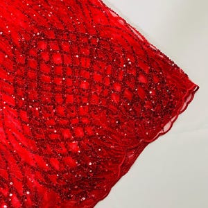Red Beaded Fabric by the Yard, Bridal Heavy Beaded, Damask Pattern With ...