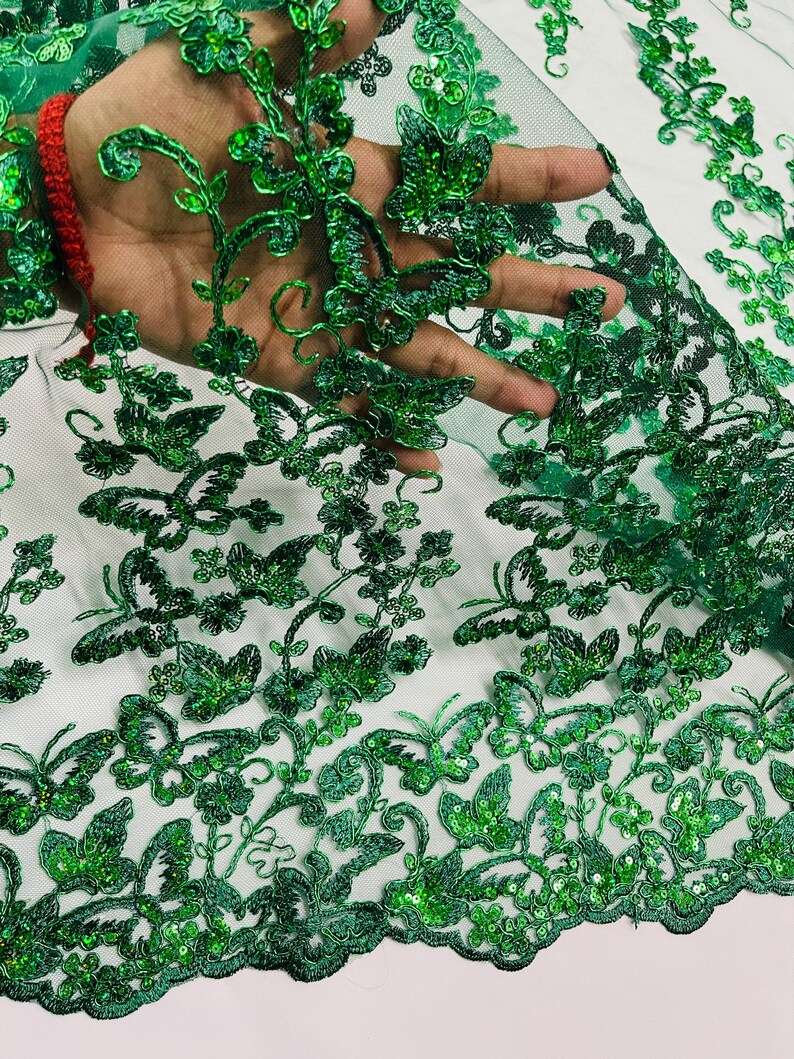 Hunter Green Hologram Sequin Butterfly Lace Fabric: Metallic Corded ...